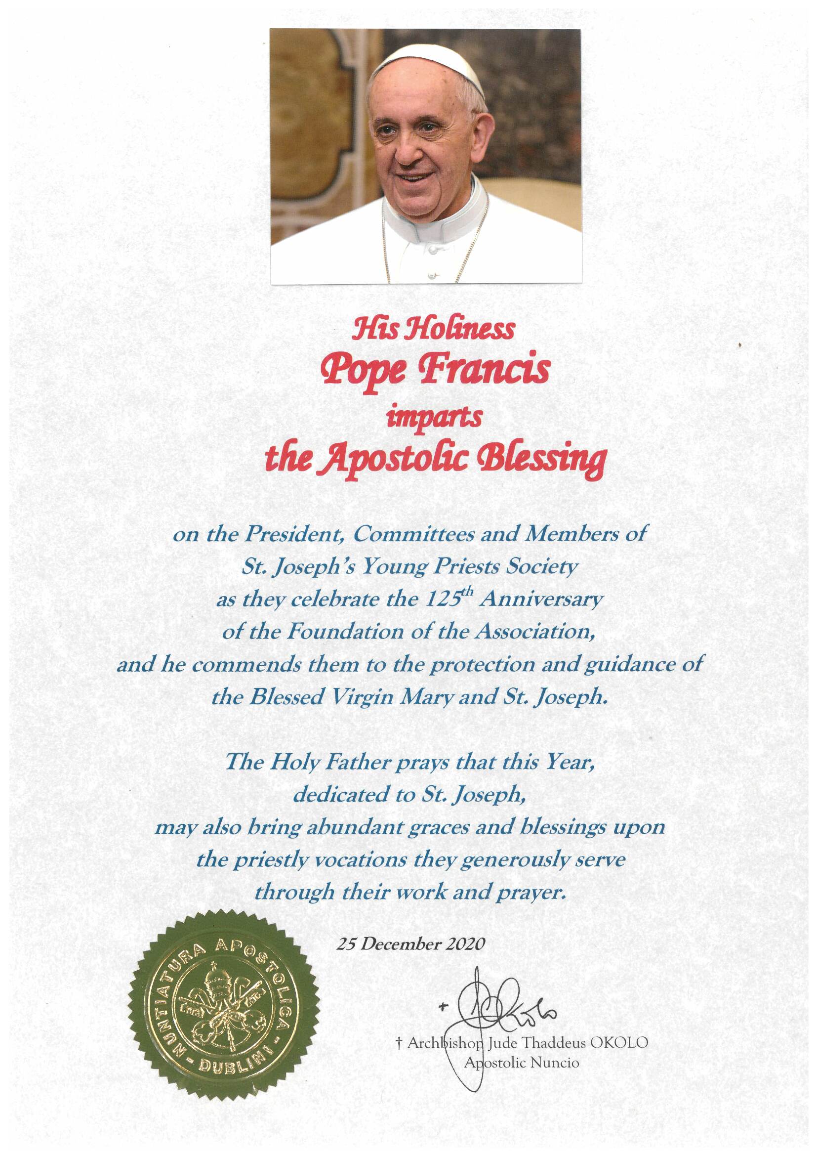Papal Blessing – Vocations Society of St. Joseph